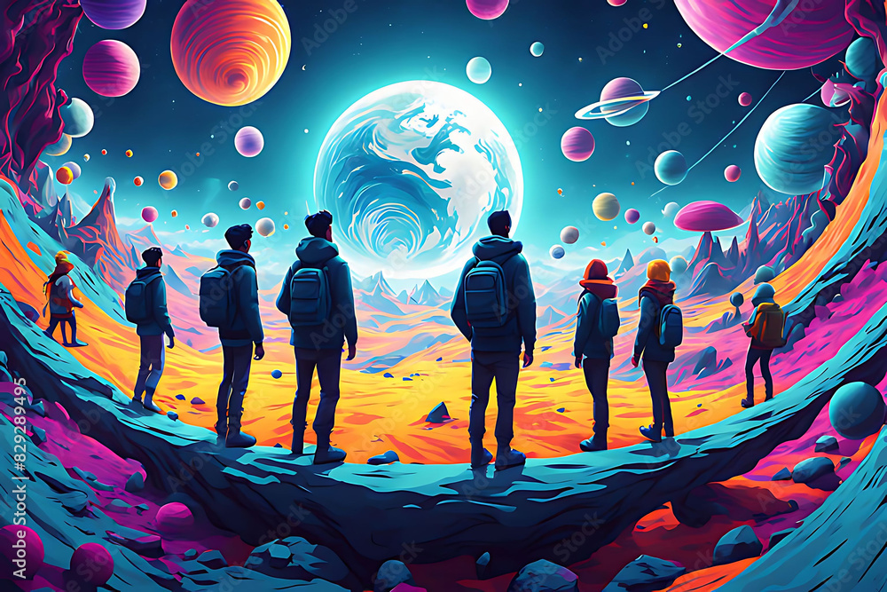 3D trippy psychedelic cartoon-style illustration of people on Earth ...
