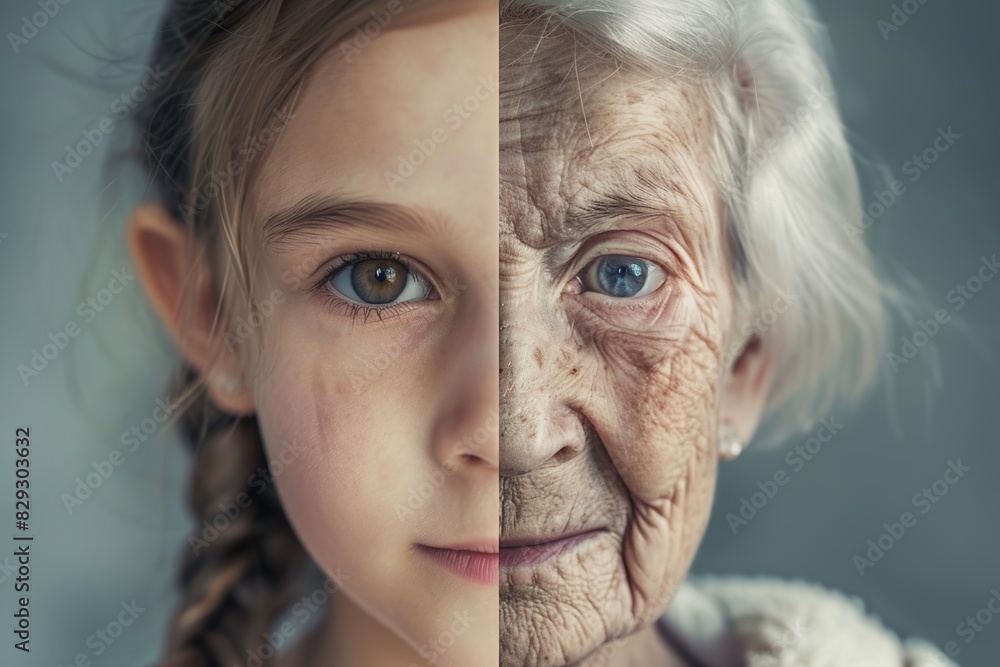 Face divided into two halves - one half of little girl and half of old ...