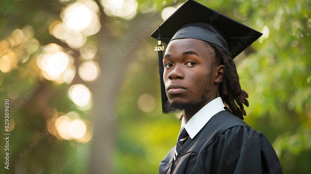 Serious young man in graduation cap and gown standing outdoors ...