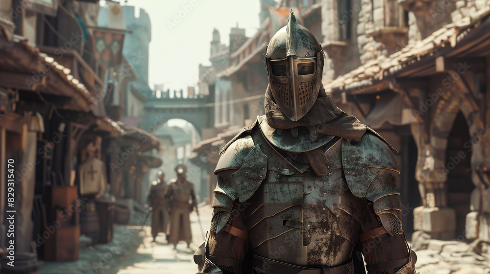 A knight in rusty armor stands in an ultra-fantastic urban setting, the ...