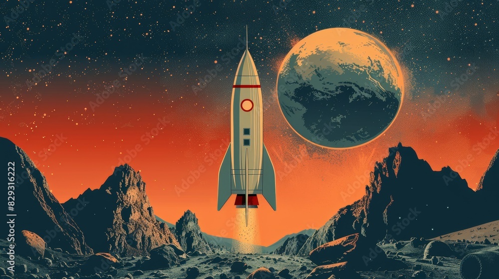 A retro-style poster featuring a classic rocket design, reminiscent of ...