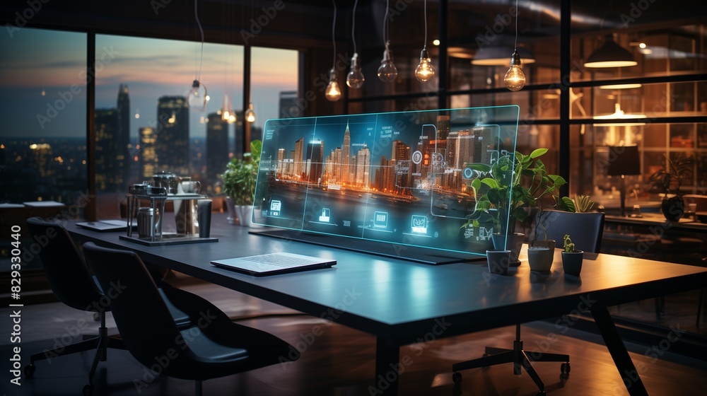 Corporate team meeting in a high-tech conference room, diverse group of ...