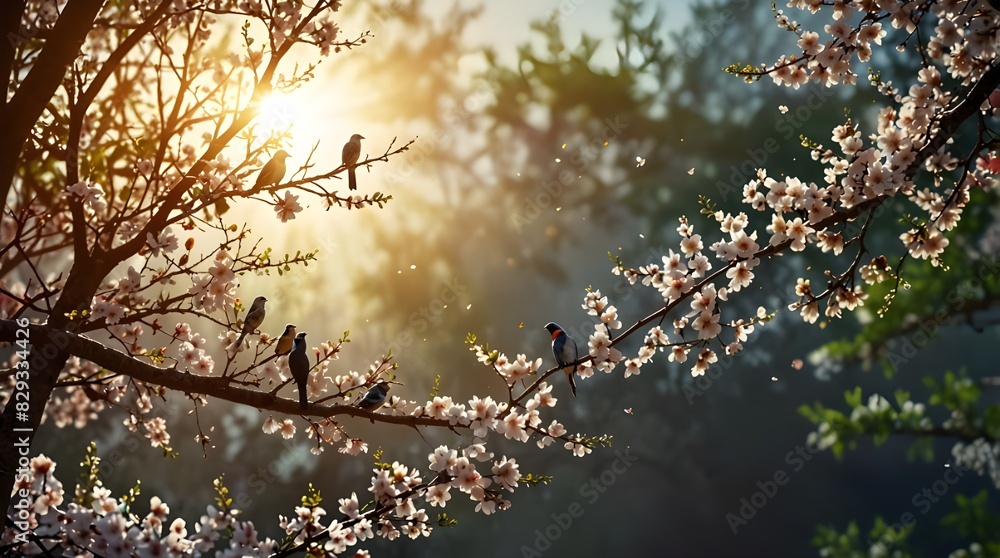 Flock of birds are singing happily on the branches of a tree with ...