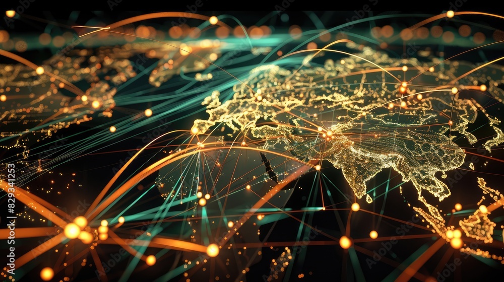 A digital visualization of a global logistics network, with ...