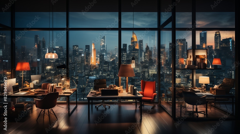 High-rise building with illuminated office windows at night, cityscape ...