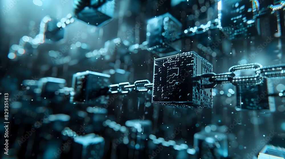 Microscopic blockchain technology concept highlighting blocks connected ...
