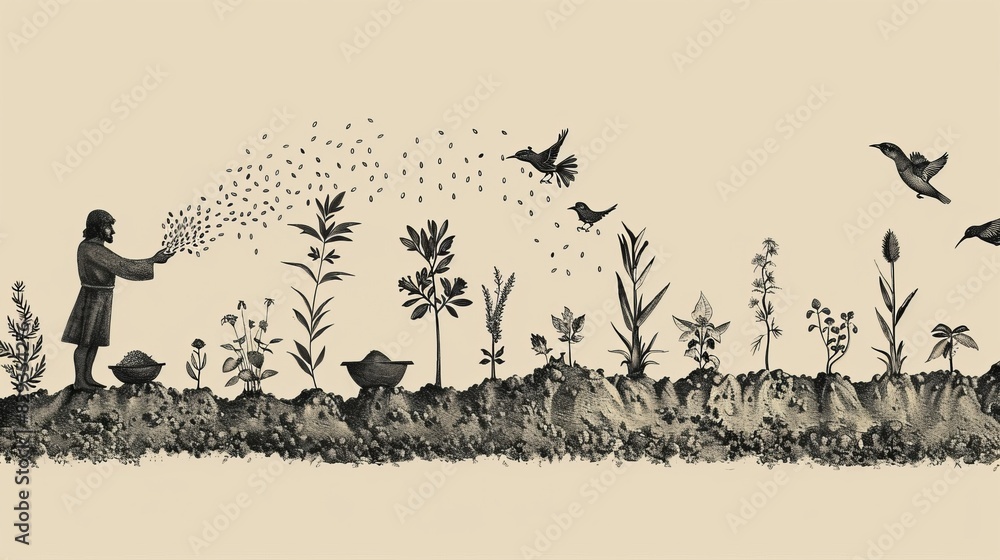 ภาพประกอบสต็อก Biblical Illustration: The Parable of the Sower, Sower ...