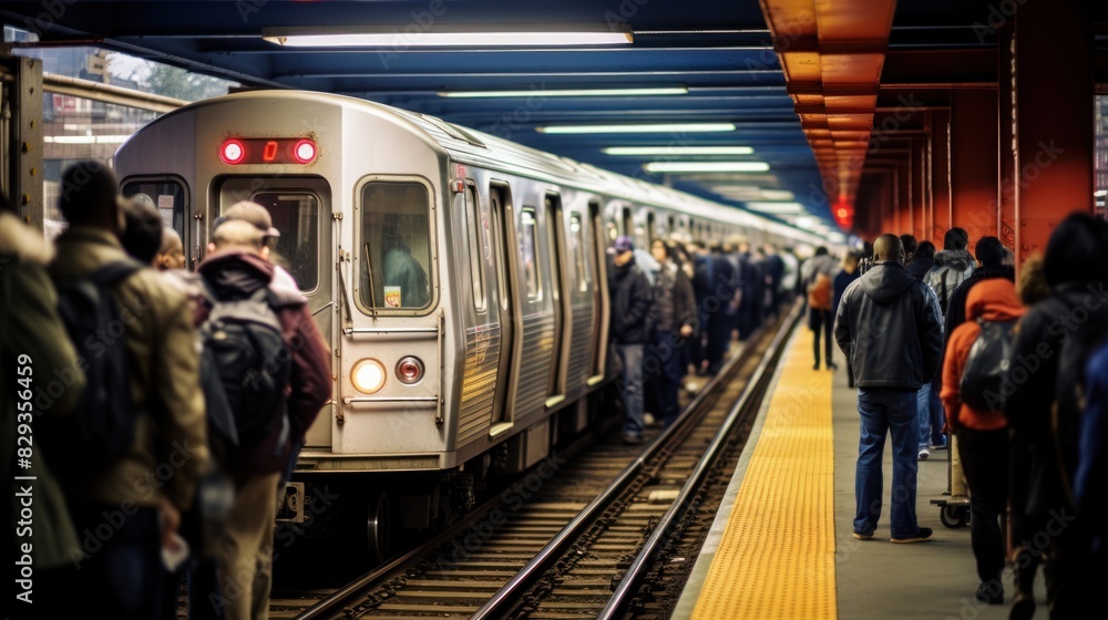 subway station filled with people, with a subway train arriving in the ...