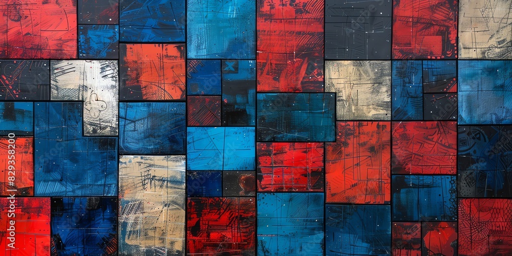 ankara artwork with large squares, thick lines, low detail, blue, red ...