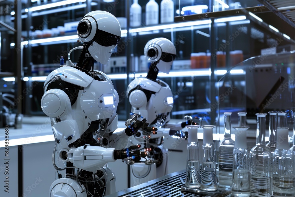 Two humanoid robots engage in scientific research within a high-tech ...