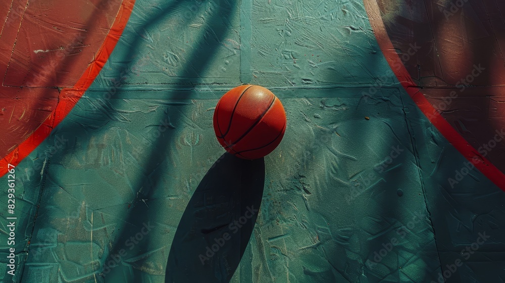 Overhead shot of a basketball on a court, focused close-up with an ...