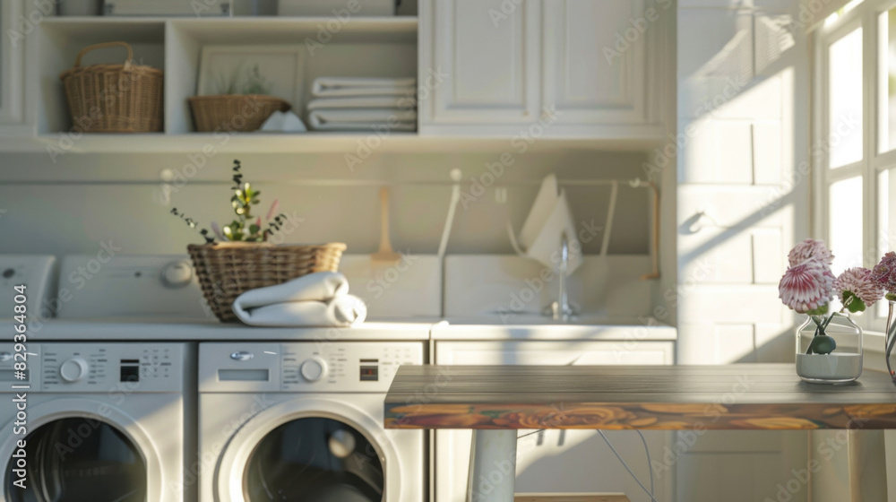 Empty table of a softly blurred laundry room. Its serene atmosphere ...