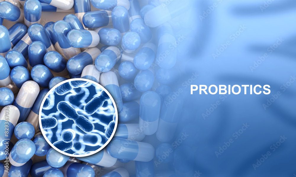 Probiotics banner template. Probiotic in capsule. Human microbiome ...