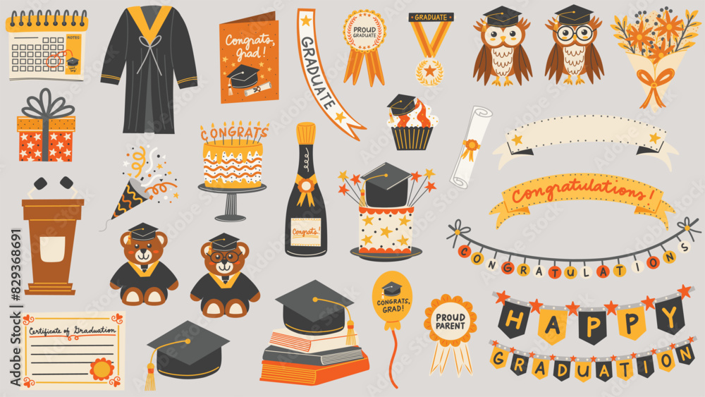 Vetor de School graduation elements set. Congratulatory messages ...