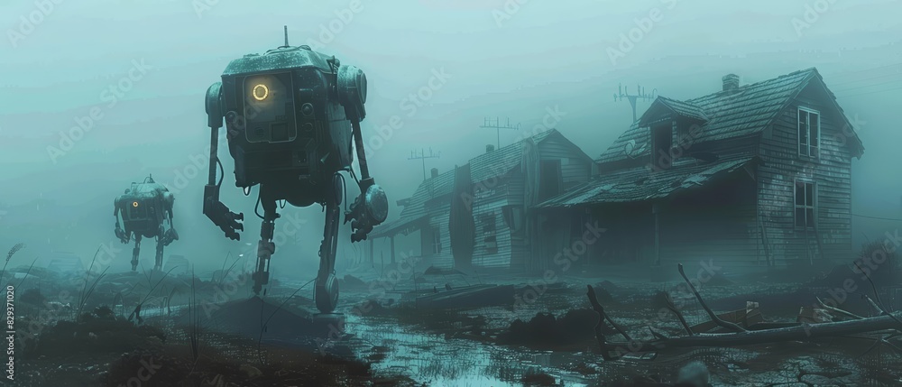Rusting robots, wandered aimlessly through a ghost town, shrouded in a ...