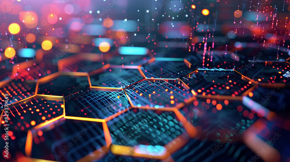 Produce an image featuring delicate hexagonal arrangements made of tiny dots, set against a ...