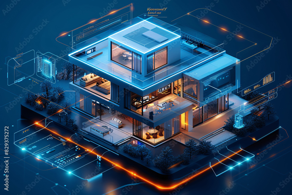 A sleek and futuristic interior of an AI-augmented reality smart home ...