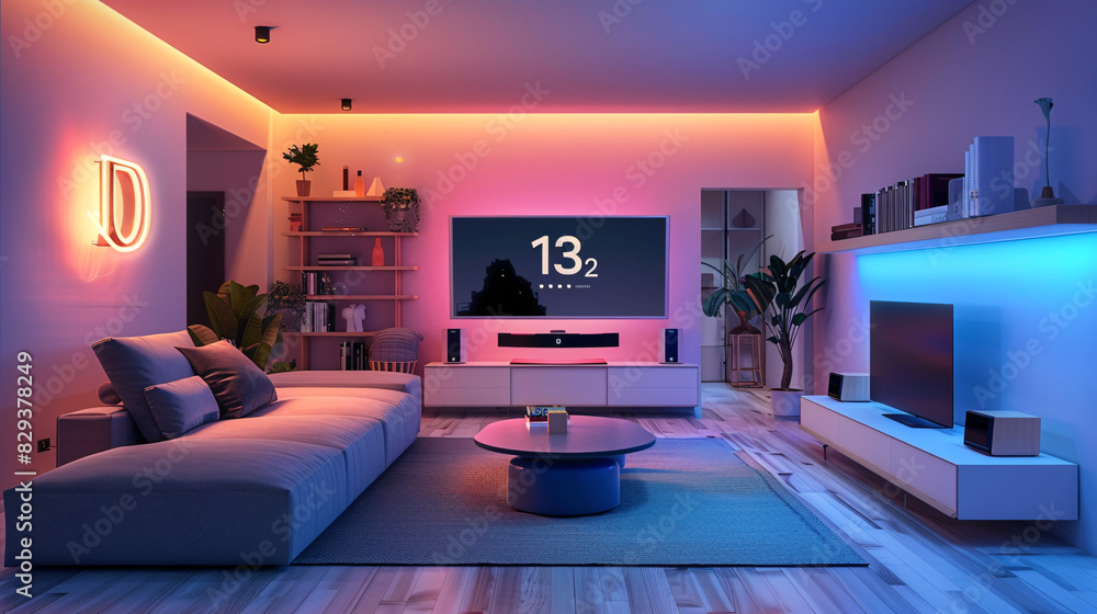 An isometric view of a modern living room in an AI-enhanced smart home ...
