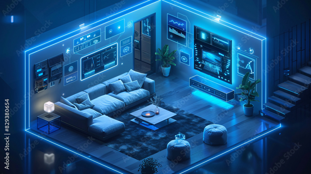 A futuristic living space with an AI-managed smart home system ...