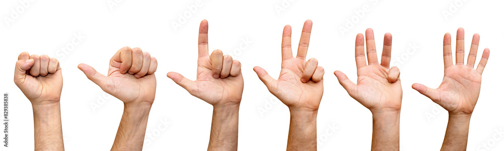 Set of isolated male hands showing numbers with fingers. Counting from ...