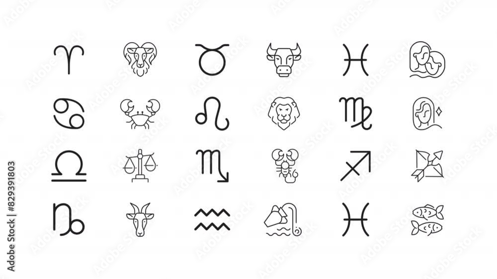 Animated zodiac icons. Symbols and signs line animation library ...