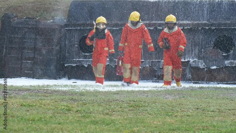 Firefighter Rescue team training in fire fighting extinguisher ...