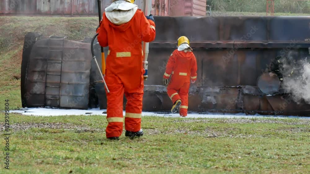 Firefighter Rescue team training in fire fighting extinguisher ...