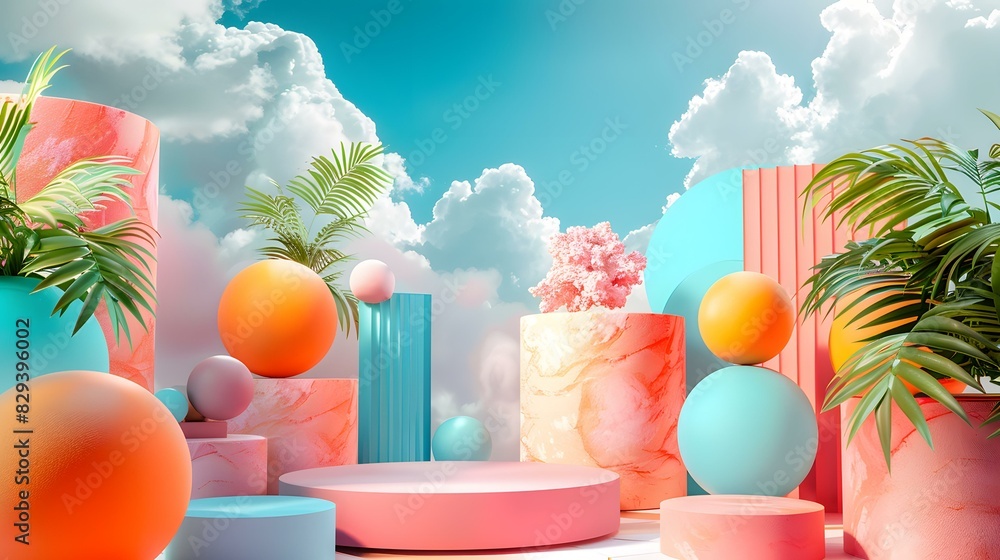 Surreal Fusion of Geometric Shapes and Natural Elements in a 3D Space ...