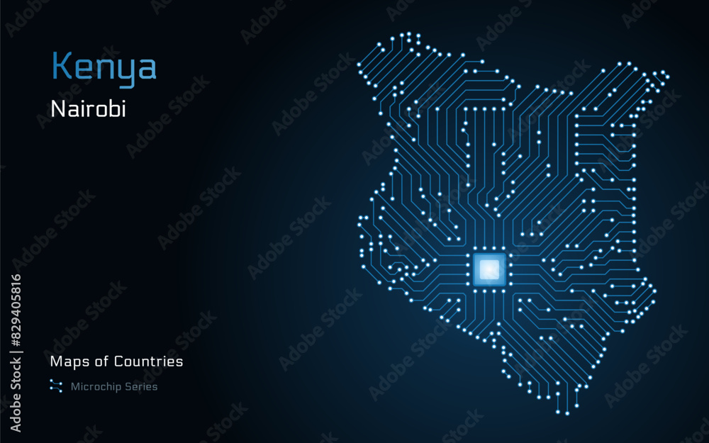 Kenya Map with a capital of Nairobi Shown in a Microchip Pattern with ...