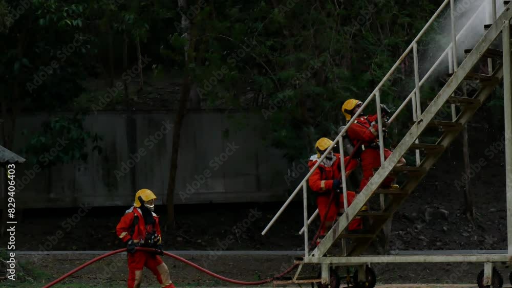 Firefighter Rescue team training in fire fighting extinguisher ...