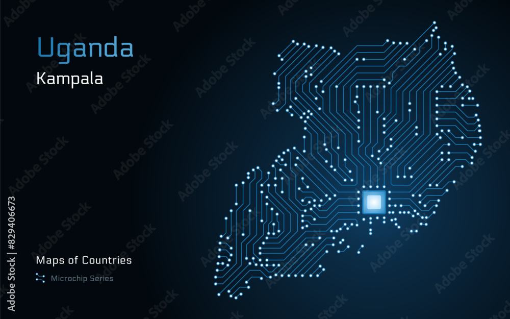 Uganda Map with a capital of Kampala Shown in a Microchip Pattern with ...