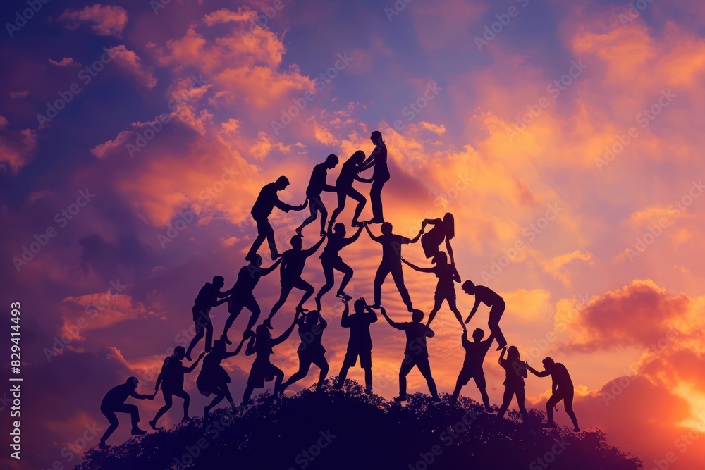 Silhouettes of a team building a human pyramid, each member essential ...
