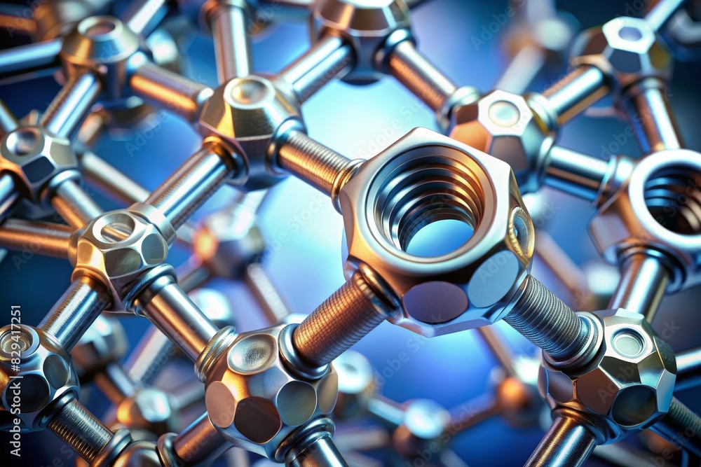 A close-up view of two mechanical molecules forming a bond, with ...