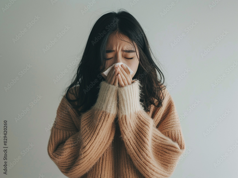 japanese woman sneezing with white background, blowing her nose in a ...