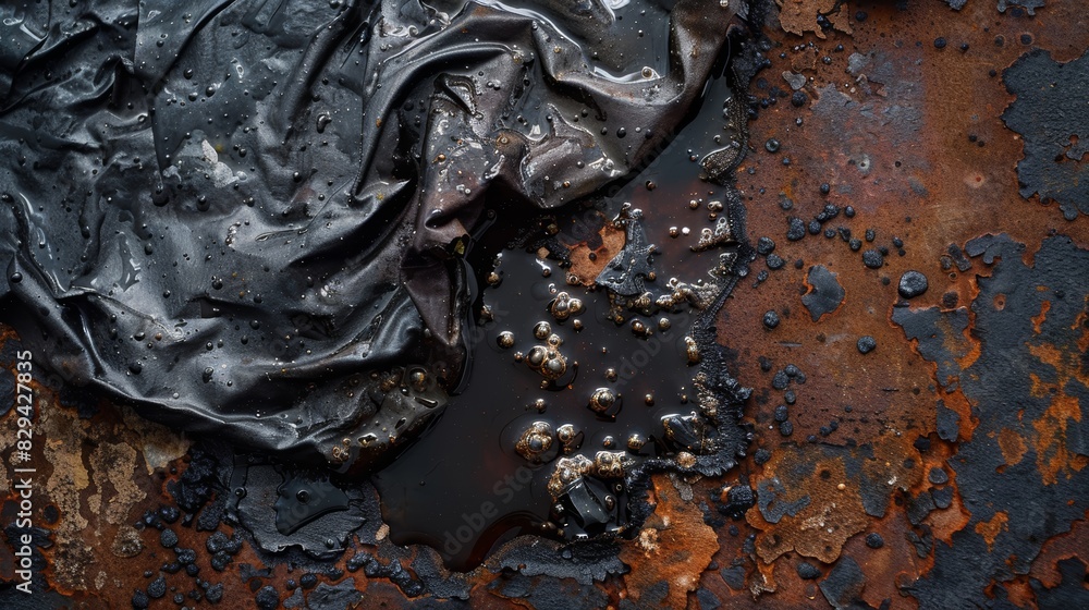 Oil-soaked rag lying on a rusted metal surface, with dark oil stains ...