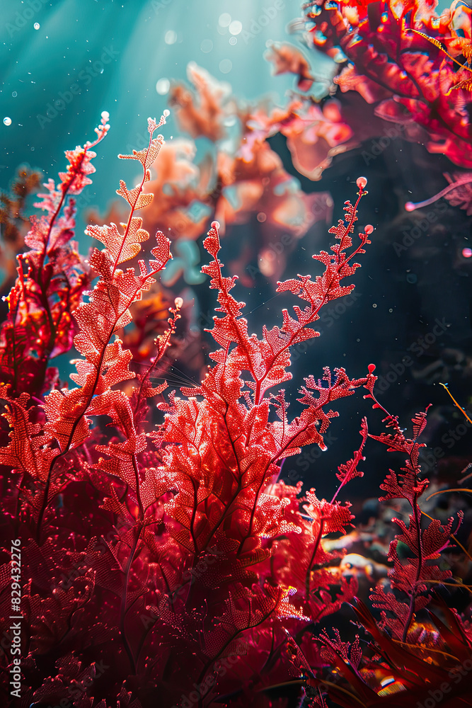 Vibrant red algae with branched structures in clear marine water ...