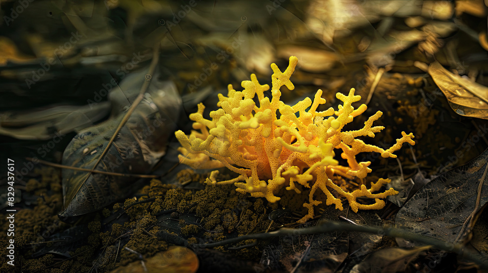 Vivid yellow slime mold on forest floor, featuring branching plasmodium ...