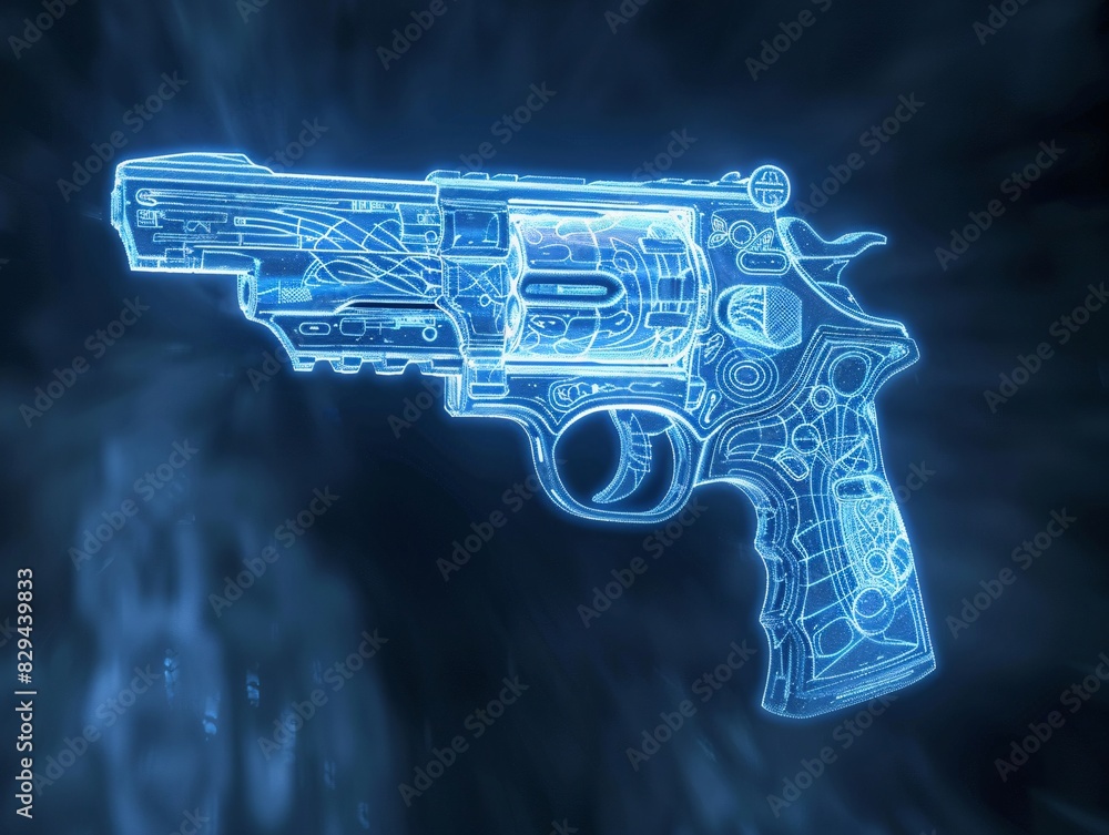 blue print of hand gun or holographic handgun on dark background ...
