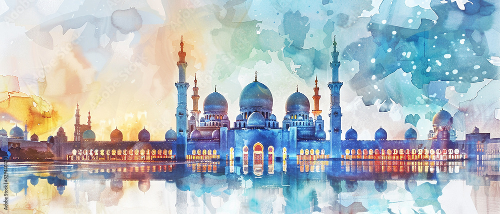 Watercolor hand draw The Sheikh Zayed Grand Mosque in Abu Dhabi UAE ...