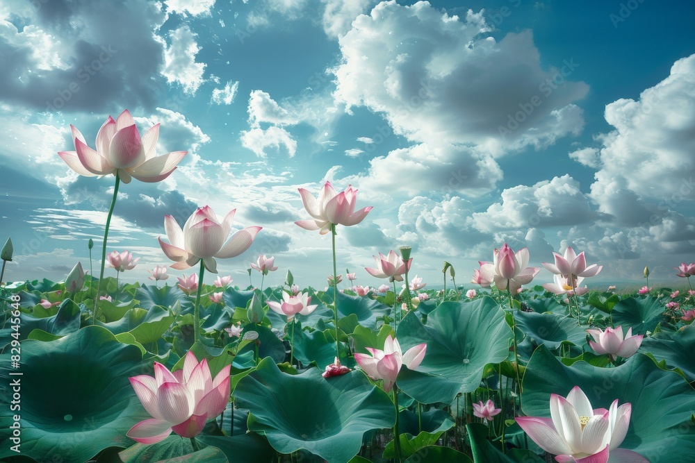 Artistic illustration of lotus flowers with butterflies, ideal for ...
