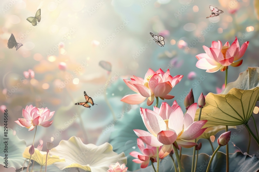 Artistic illustration of lotus flowers with butterflies, ideal for ...