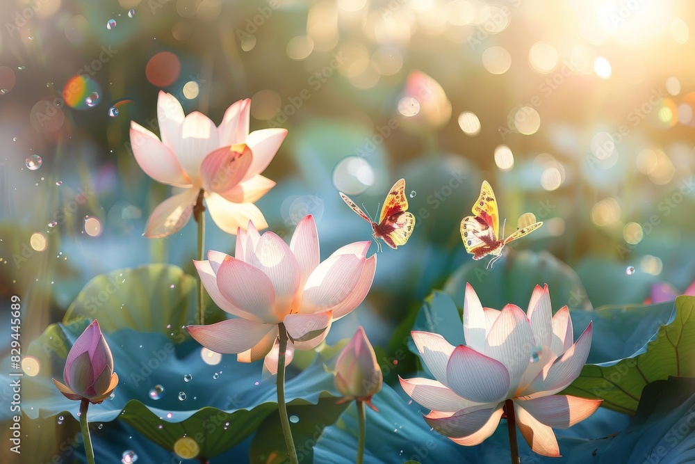 Artistic illustration of lotus flowers with butterflies, ideal for ...