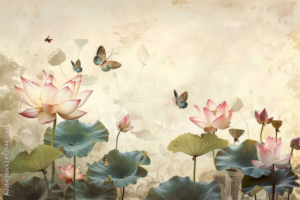 Artistic illustration of lotus flowers with butterflies, ideal for ...