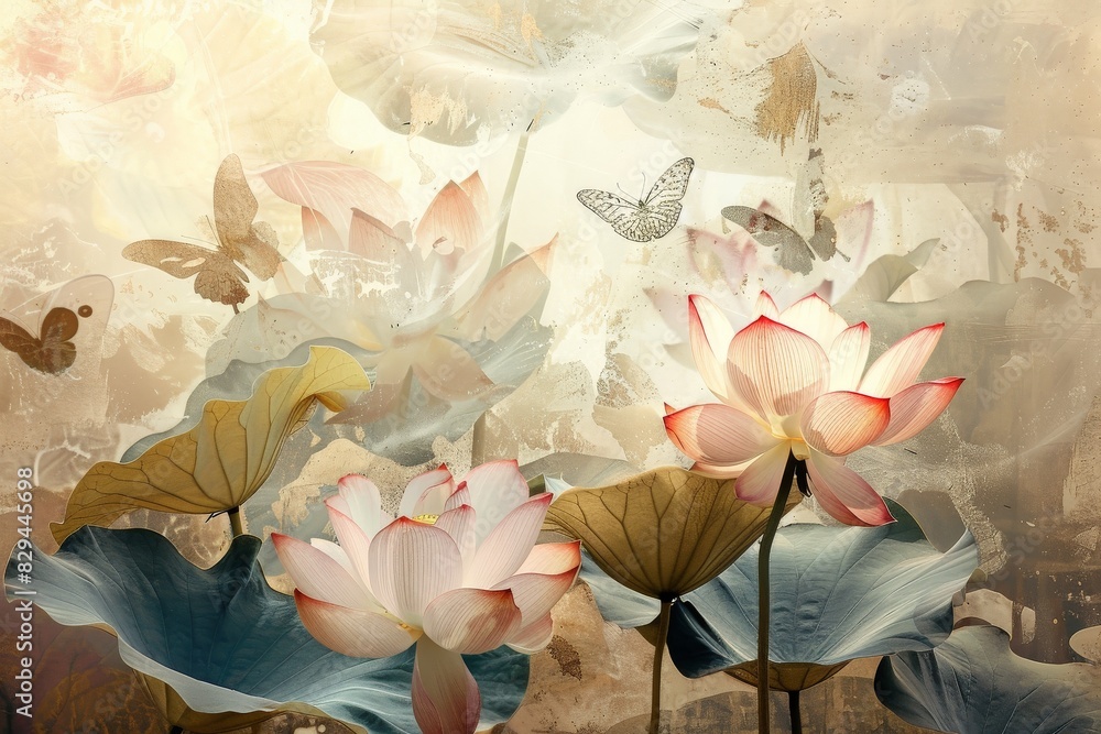 Artistic illustration of lotus flowers with butterflies, ideal for ...