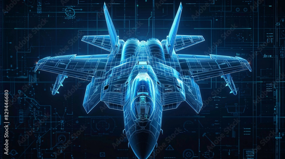 An illustration of fighter jet in blue print wireframe , A fighter jet ...