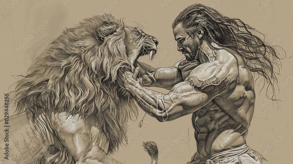 Biblical Illustration: Samson's Strength, Tearing Apart Lion with Bare ...