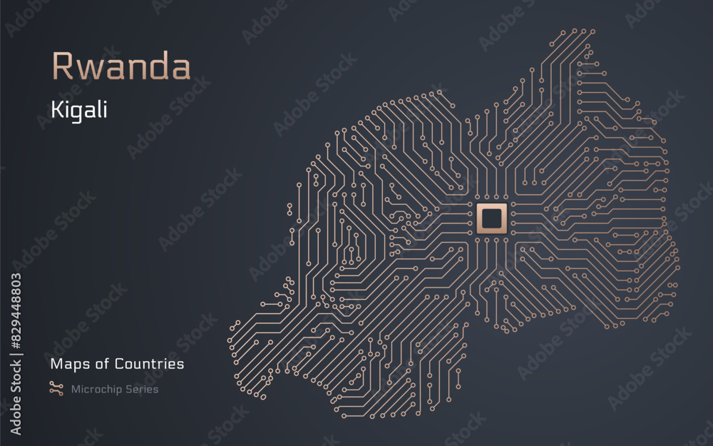 Rwanda Map with a capital of Kigali Shown in a Microchip Pattern with ...