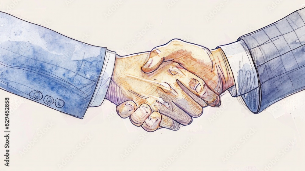 Hands drawing a handshake between a suit-clad hand and a hand in work ...