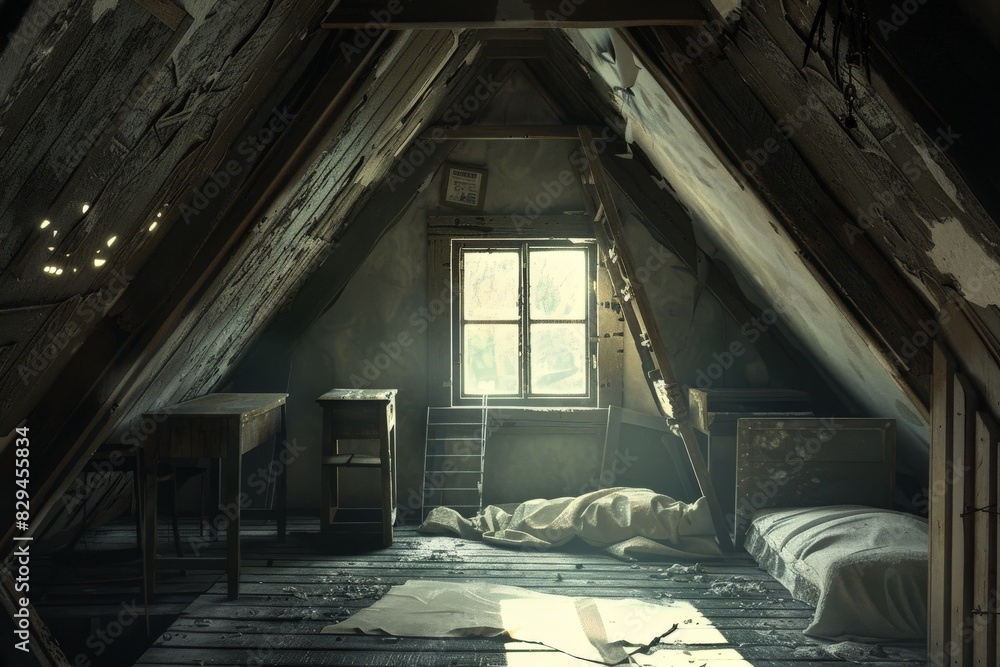 Abandoned hostel. Creepy dirty and abandoned bedroom with cracked walls ...