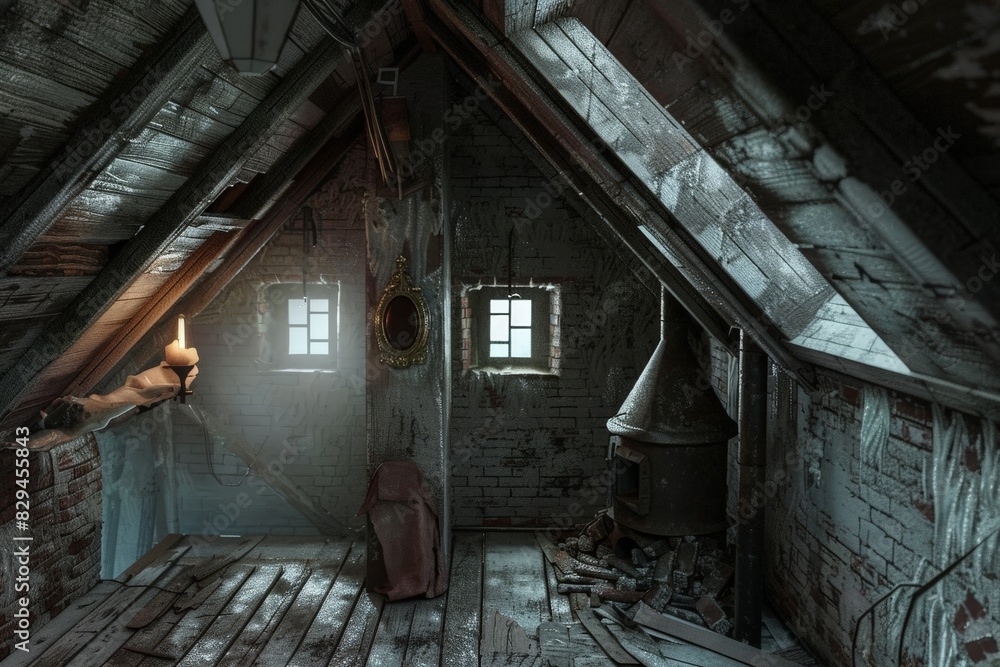 Abandoned hostel. Creepy dirty and abandoned bedroom with cracked walls ...